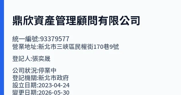 鼎欣資產管理顧問有限公司的照片-統編 93379577(新北市) 公司登記資料與營業項目詳細圖表