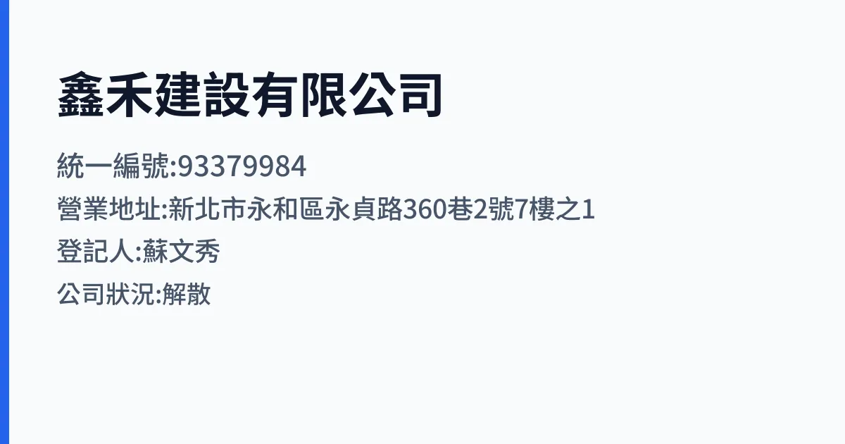 鑫禾建設有限公司 - 統編 93379984(新北市) 公司登記資料與營業項目詳細圖表
