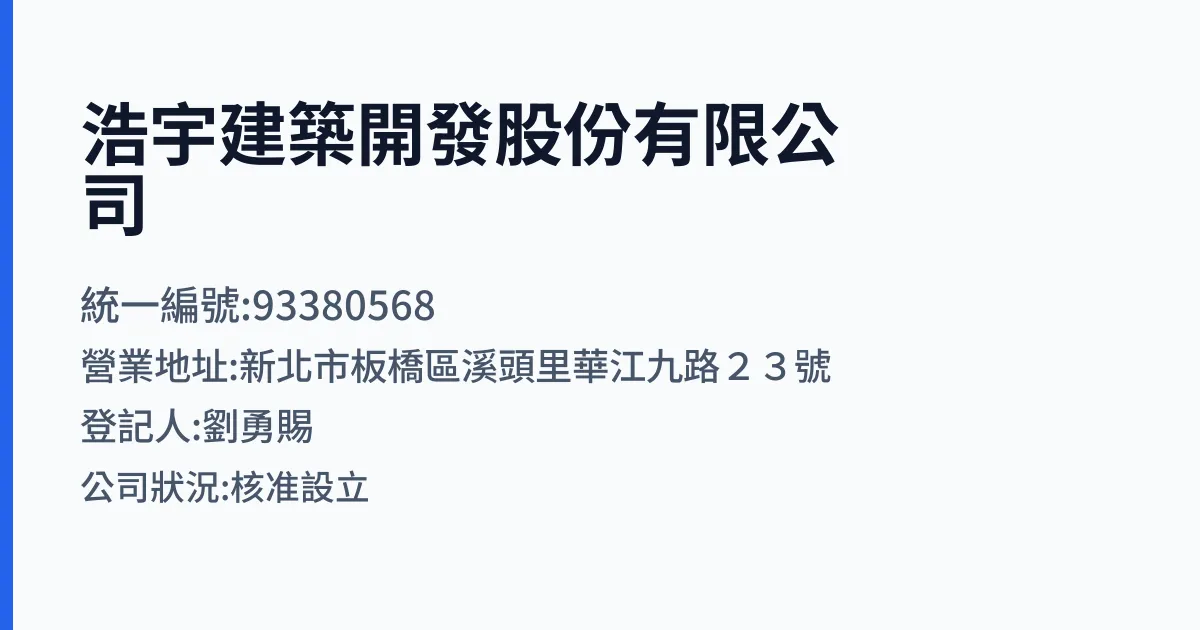 浩宇建築開發股份有限公司 - 統編 93380568(新北市) 公司登記資料與營業項目詳細圖表