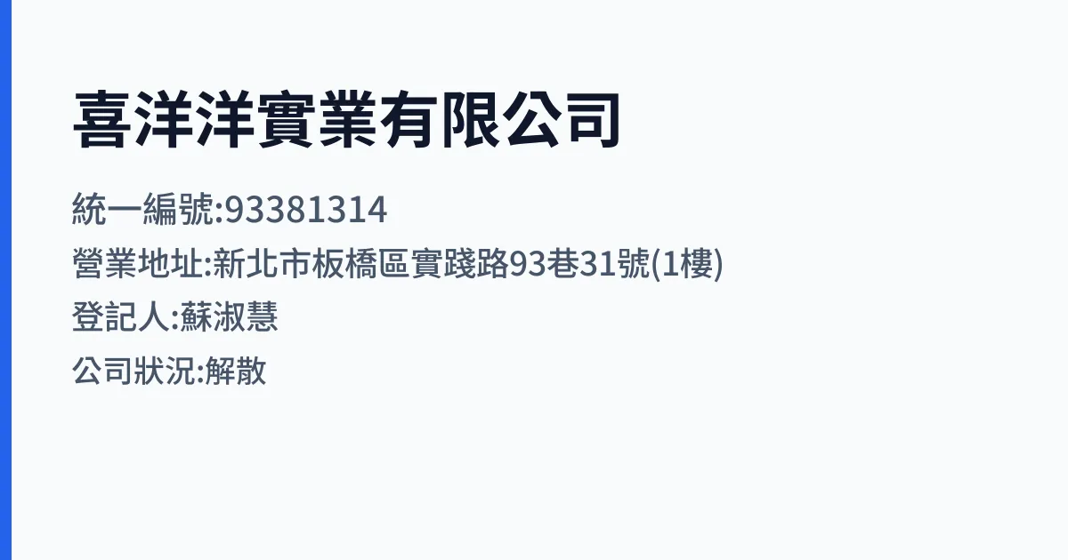 喜洋洋實業有限公司 - 統編 93381314(新北市) 公司登記資料與營業項目詳細圖表