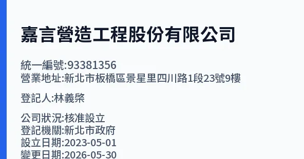 嘉言營造工程股份有限公司的照片-統編 93381356(新北市) 公司登記資料與營業項目詳細圖表