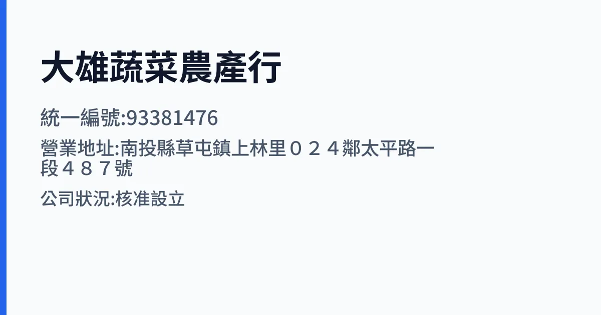 大雄蔬菜農產行 - 統編 93381476(南投縣) 公司登記資料與營業項目詳細圖表