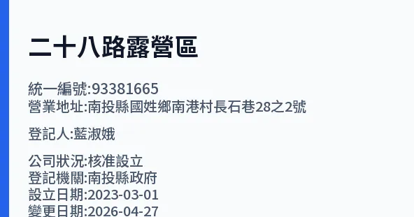 二十八路露營區的照片-統編 93381665(南投縣) 公司登記資料與營業項目詳細圖表