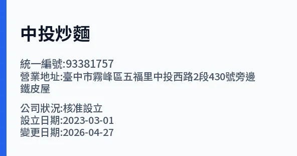 中投炒麵的照片-統編 93381757(臺中市) 公司登記資料與營業項目詳細圖表