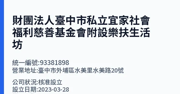 財團法人臺中市私立宜家社會福利慈善基金會附設樂扶生活坊的照片-統編 93381898(臺中市) 公司登記資料與營業項目詳細圖表