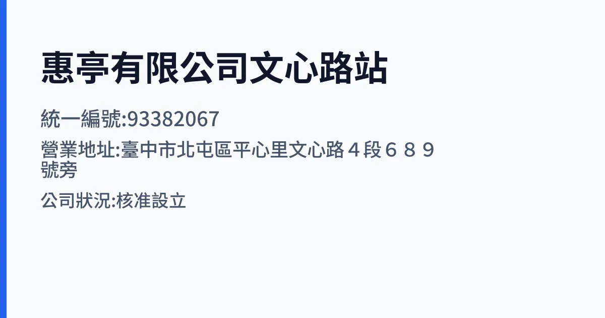 惠亭有限公司文心路站 - 統編 93382067(臺中市) 公司登記資料與營業項目詳細圖表
