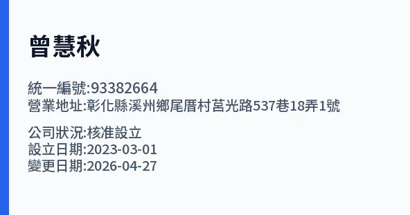曾慧秋的照片-統編 93382664(彰化縣) 公司登記資料與營業項目詳細圖表