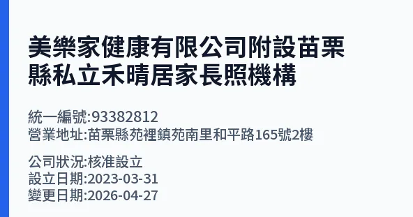 美樂家健康有限公司附設苗栗縣私立禾晴居家長照機構的照片-統編 93382812(苗栗縣) 公司登記資料與營業項目詳細圖表