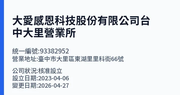 大愛感恩科技股份有限公司台中大里營業所的照片-統編 93382952(臺中市) 公司登記資料與營業項目詳細圖表