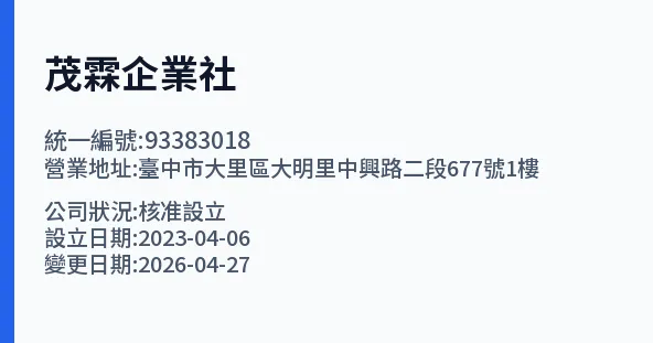 茂霖企業社的照片-統編 93383018(臺中市) 公司登記資料與營業項目詳細圖表