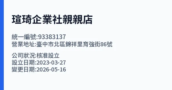 瑄琦企業社親親店的照片-統編 93383137(臺中市) 公司登記資料與營業項目詳細圖表