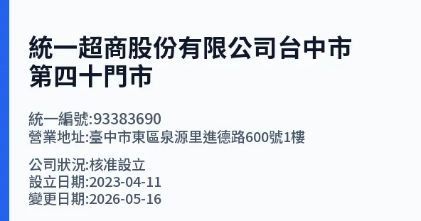 統一超商股份有限公司台中市第四十門市的照片-統編 93383690(臺中市) 公司登記資料與營業項目詳細圖表
