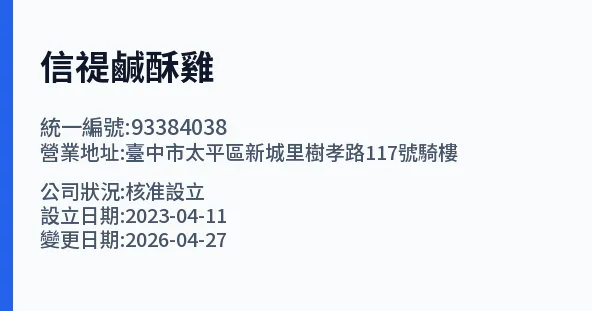 信禔鹹酥雞的照片-統編 93384038(臺中市) 公司登記資料與營業項目詳細圖表