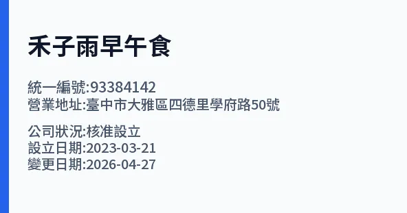 禾子雨早午食的照片-統編 93384142(臺中市) 公司登記資料與營業項目詳細圖表