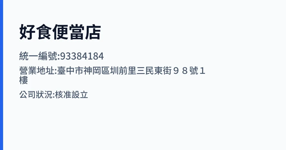 好食便當店 - 統編 93384184(臺中市) 公司登記資料與營業項目詳細圖表