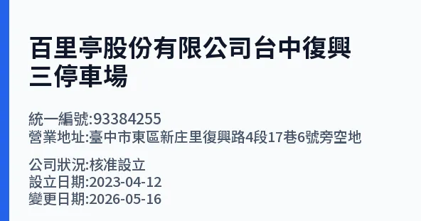 百里亭股份有限公司台中復興三停車場的照片-統編 93384255(臺中市) 公司登記資料與營業項目詳細圖表