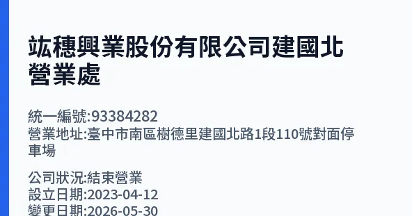 竑穗興業股份有限公司建國北營業處的照片-統編 93384282(臺中市) 公司登記資料與營業項目詳細圖表