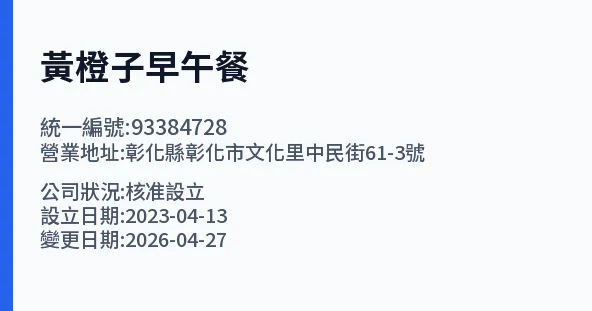 黃橙子早午餐的照片-統編 93384728(彰化縣) 公司登記資料與營業項目詳細圖表
