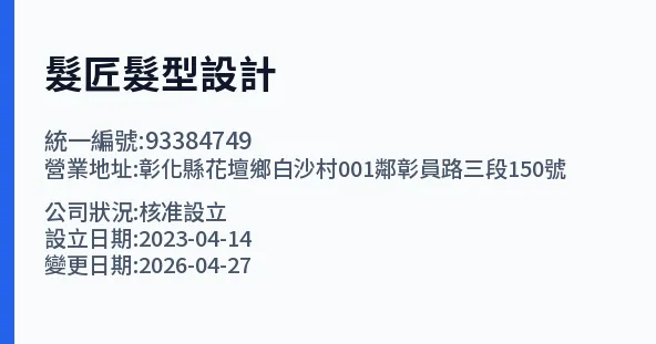 髮匠髮型設計的照片-統編 93384749(彰化縣) 公司登記資料與營業項目詳細圖表