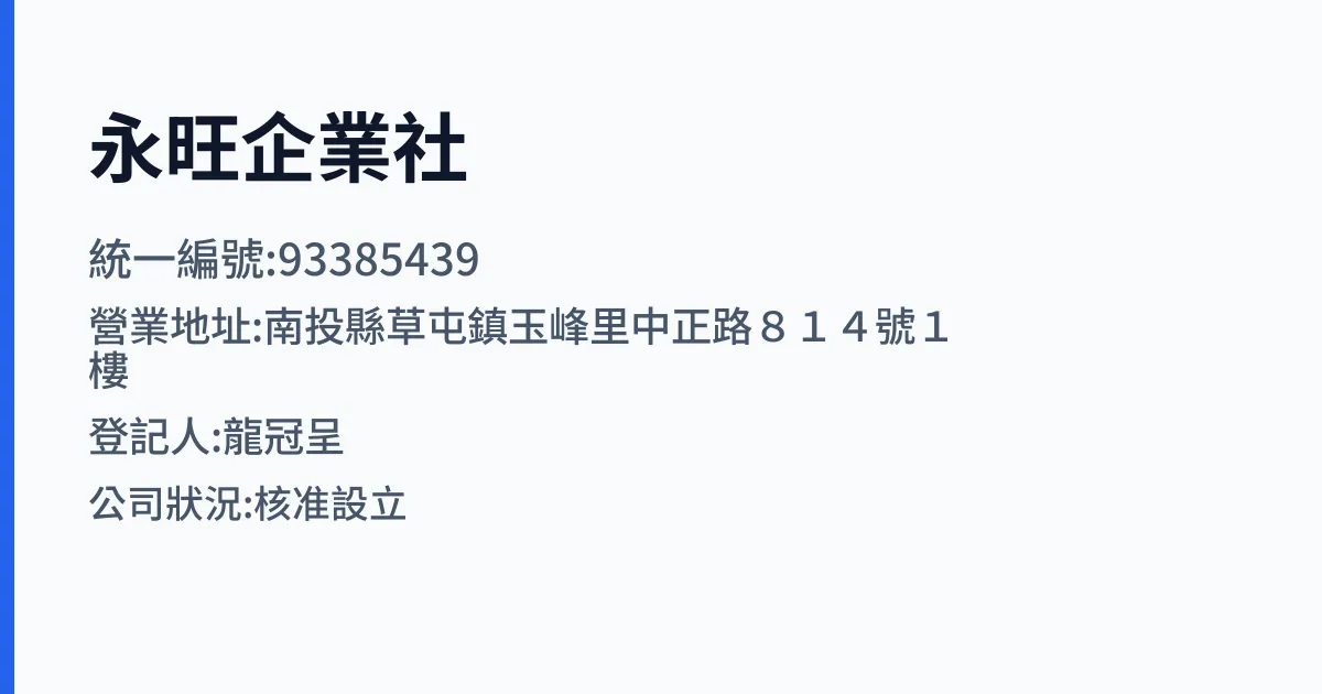 永旺企業社 - 統編 93385439(南投縣) 公司登記資料與營業項目詳細圖表