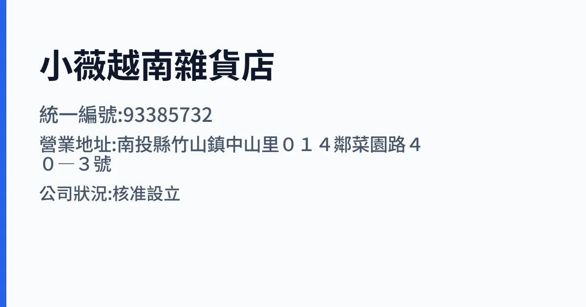 小薇越南雜貨店 - 統編 93385732(南投縣) 公司登記資料與營業項目詳細圖表