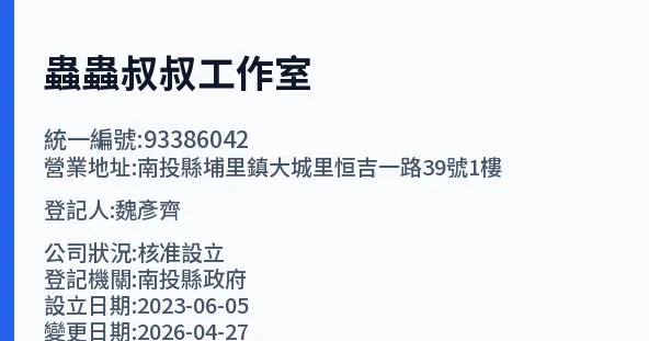 蟲蟲叔叔工作室的照片-統編 93386042(南投縣) 公司登記資料與營業項目詳細圖表