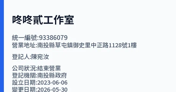 咚咚貳工作室的照片-統編 93386079(南投縣) 公司登記資料與營業項目詳細圖表
