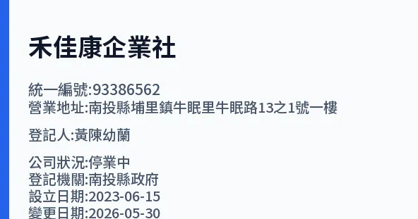 禾佳康企業社的照片-統編 93386562(南投縣) 公司登記資料與營業項目詳細圖表