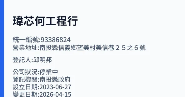 瑋芯何工程行的照片-統編 93386824(南投縣) 公司登記資料與營業項目詳細圖表