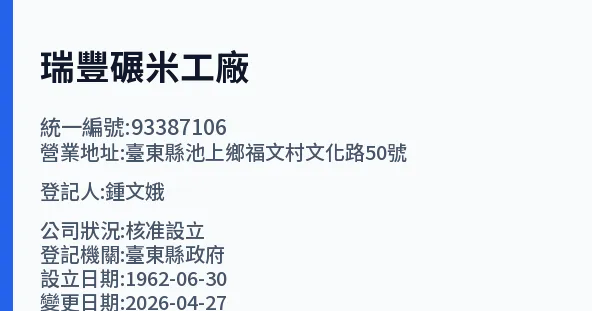 瑞豐碾米工廠的照片-統編 93387106(臺東縣) 公司登記資料與營業項目詳細圖表