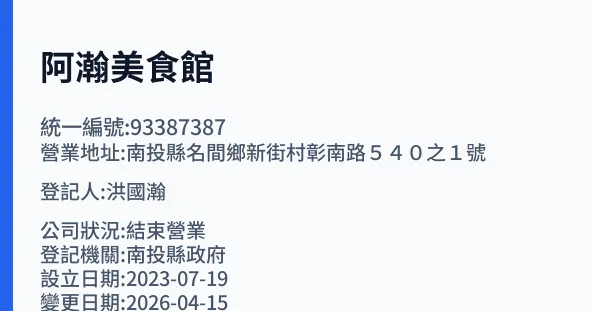 阿瀚美食館 - 統編 93387387(南投縣) 公司登記資料與營業項目詳細圖表