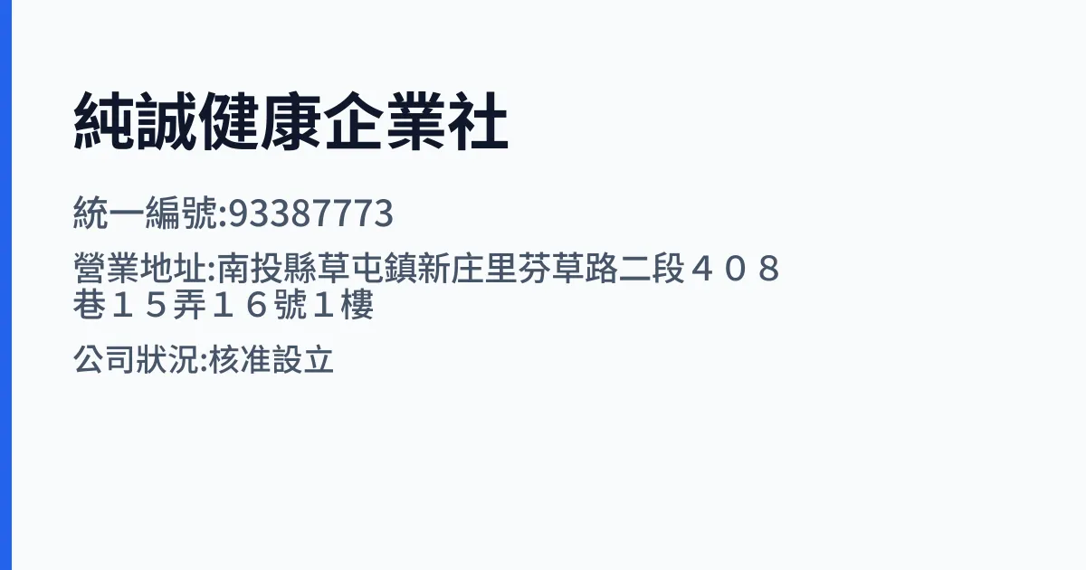 純誠健康企業社 - 統編 93387773(南投縣) 公司登記資料與營業項目詳細圖表