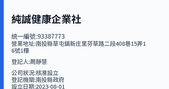 純誠健康企業社的照片-統編 93387773(南投縣) 公司登記資料與營業項目詳細圖表