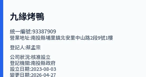 九緣烤鴨的照片-統編 93387909(南投縣) 公司登記資料與營業項目詳細圖表