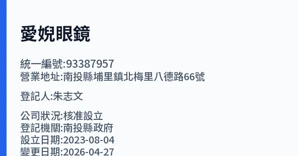 愛婗眼鏡的照片-統編 93387957(南投縣) 公司登記資料與營業項目詳細圖表