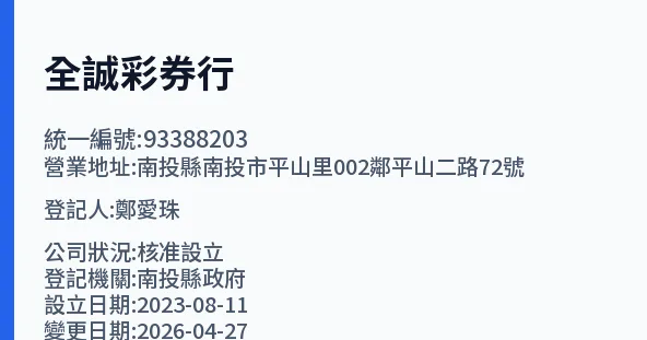 全誠彩券行的照片-統編 93388203(南投縣) 公司登記資料與營業項目詳細圖表