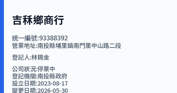 吉秝鄉商行的照片-統編 93388392(南投縣) 公司登記資料與營業項目詳細圖表