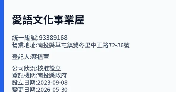 愛語文化事業屋的照片-統編 93389168(南投縣) 公司登記資料與營業項目詳細圖表