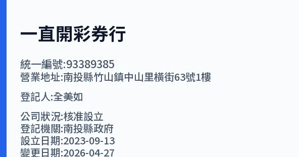 一直開彩券行的照片-統編 93389385(南投縣) 公司登記資料與營業項目詳細圖表