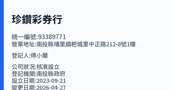 珍鑽彩券行的照片-統編 93389771(南投縣) 公司登記資料與營業項目詳細圖表