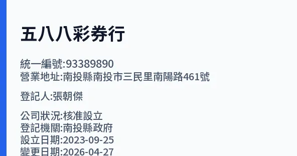 五八八彩券行的照片-統編 93389890(南投縣) 公司登記資料與營業項目詳細圖表