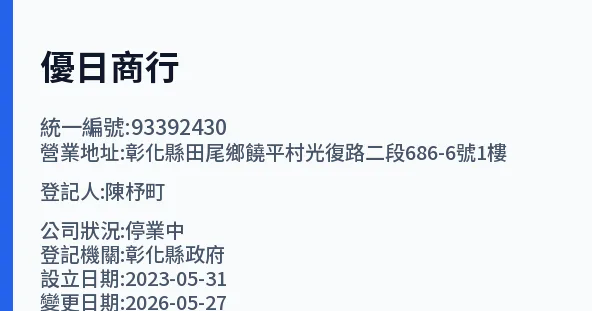 優日商行的照片-統編 93392430(彰化縣) 公司登記資料與營業項目詳細圖表