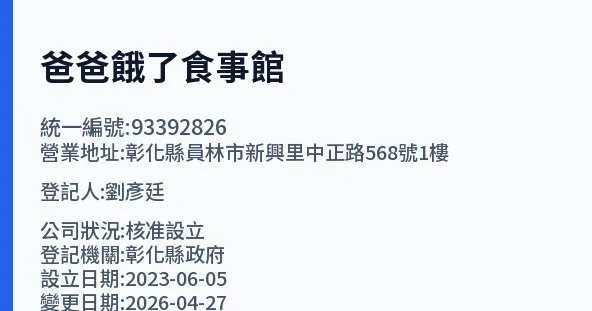 爸爸餓了食事館的照片-統編 93392826(彰化縣) 公司登記資料與營業項目詳細圖表