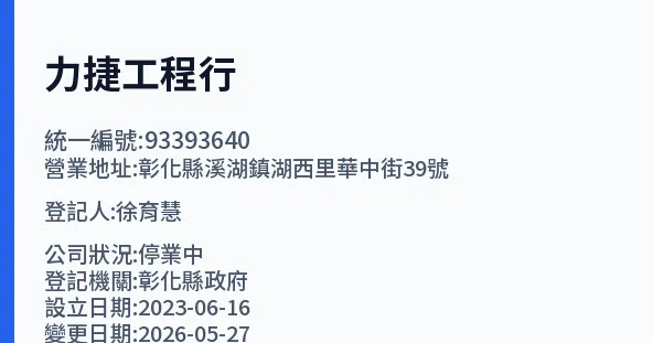 力捷工程行的照片-統編 93393640(彰化縣) 公司登記資料與營業項目詳細圖表