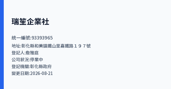 瑞笙企業社的照片-統編 93393965(彰化縣) 公司登記資料與營業項目詳細圖表