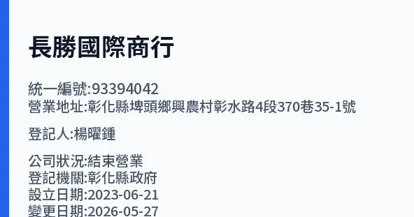 長勝國際商行的照片-統編 93394042(彰化縣) 公司登記資料與營業項目詳細圖表