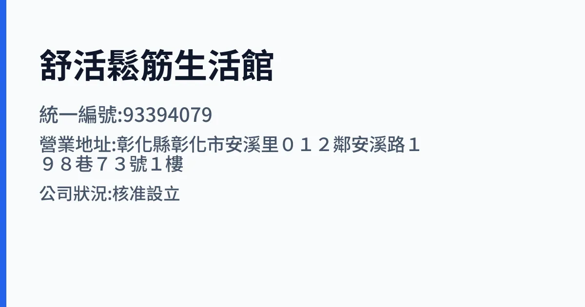 舒活鬆筋生活館 - 統編 93394079(彰化縣) 公司登記資料與營業項目詳細圖表