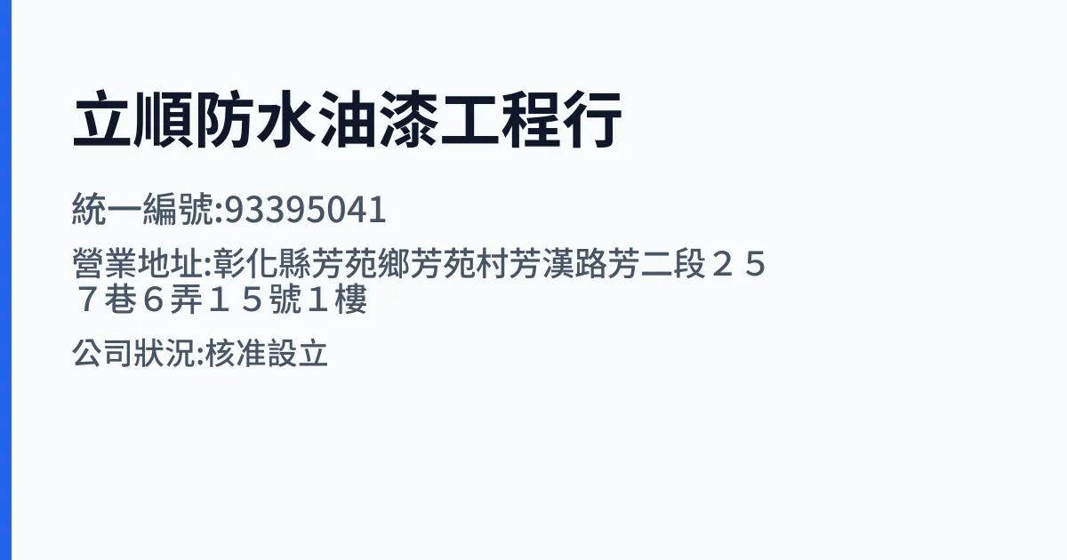 立順防水油漆工程行 - 統編 93395041(彰化縣) 公司登記資料與營業項目詳細圖表