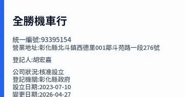 全勝機車行的照片-統編 93395154(彰化縣) 公司登記資料與營業項目詳細圖表