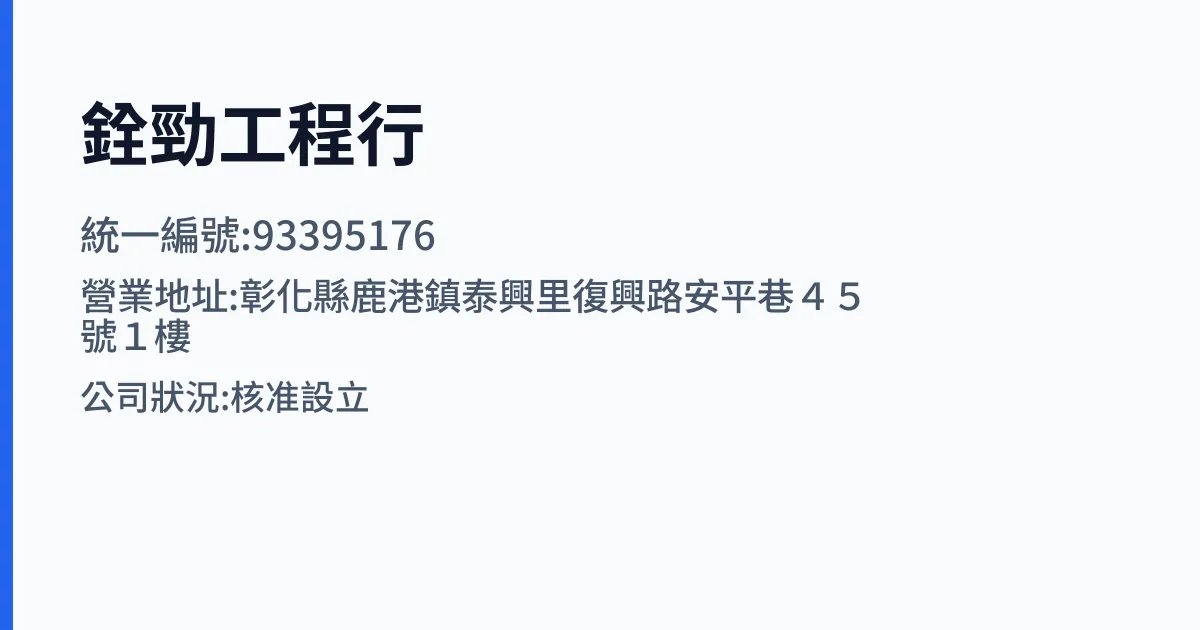銓勁工程行 - 統編 93395176(彰化縣) 公司登記資料與營業項目詳細圖表